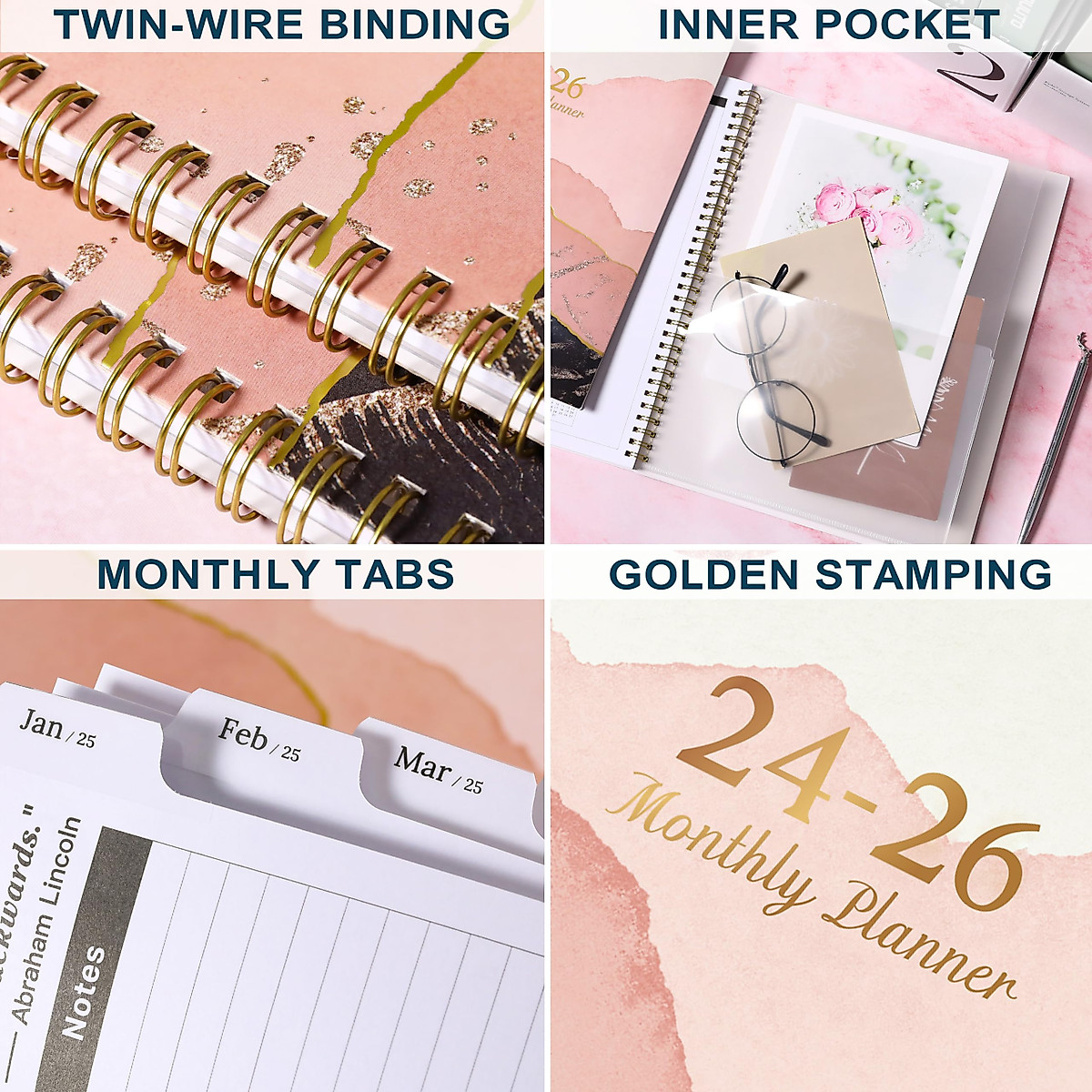 Monthly Planner/Calendar 2023-2025 - Jul. 2023-Jun. 2025, 2023-2025 Monthly Planner, 9" × 11", Two-Year Monthly Planner with Flexible Cover, Monthly Tabs, Pockets, Thick Paper - Pink