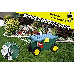 Garden Scooter Cart, Rolling Garden Cart with Seat, Lawn & Garden Storage Cart for Weeding & Planting, Gardening Storage Bin with Tool Tray & Rope, Green & Blue