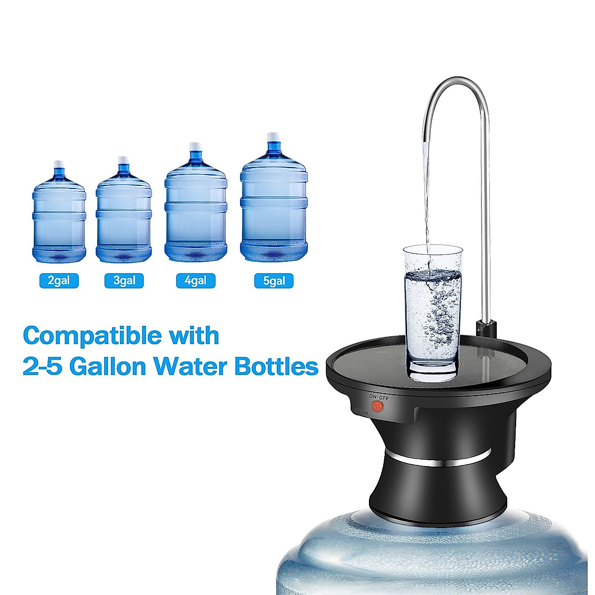 Rromxyuxi Water Pump for 5 Gallon Bottle with Tray, Electric Drinking Water Pump Portable Water Bottle Dispenser, Water Bottle Pump for 1-5 Gallon Water Jugs for Home, Kitchen, Office, Camping