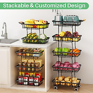 5 Tier Fruit Basket for Kitchen, Stackable Fruit and Vegetable Wire Basket with Wheels for Banana Onions and Potatoes Storage and Organization, Black