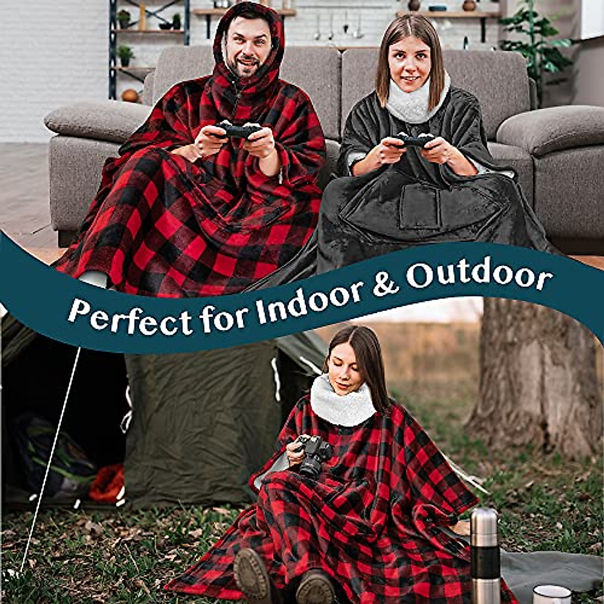 PAVILIA Wearable Blanket Poncho with Neck Warmer Hood, Plush Oversized Poncho Sweater, Large Blanket Cape Hoodie with Giant Pocket, Soft Cozy Gift for Women Men Adult (Sherpa Fleece, Checker Red)