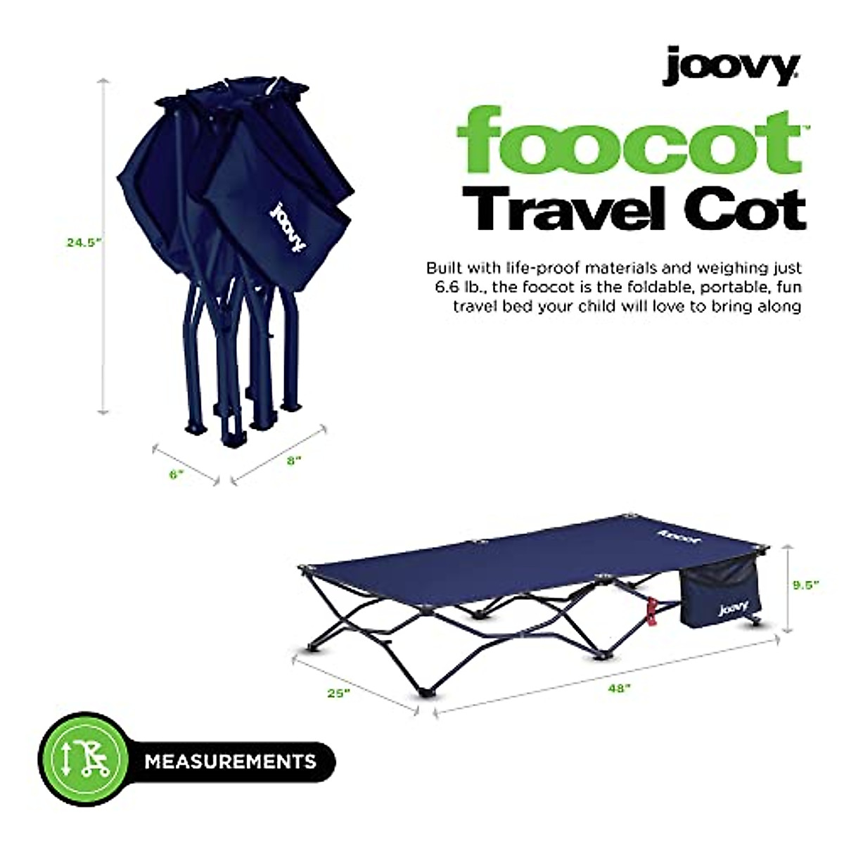 Joovy Foocot Travel Cot Featuring a Steel Frame and Tough Polyester Fabric, Storage Pocket, and Easily Folds into Included Travel Bag – Holds Kids Up to 48” Tall or 75 Lbs (Blueberry)