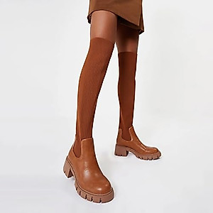 NEWBELLA Womens Over Knee Boots Thigh High Stretch Knitted Socks Chunky Block Heel Boots (Brown, Adult, Women, 7, Numeric, US Footwear Size System, Medium)