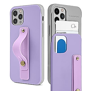 GOOSPERY SlideTok Compatible Case with iPhone 12/12 Pro Card Holder Phone Finger Band Loop Stretch Grip Kickstand 2 Card Storage Dual Layer Protective Bumper Wallet Cover - Purple
