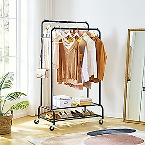 Tajsoon Clothes Rack, Industrial Pipe Clothing Rack with Shelves, Heavy Duty Double Rods Clothes Hanging Rack, Standard Rod Garment Rack on Wheels, Storage Display, Metal, Rustic Brown and Black