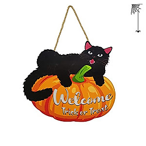 Halloween Decorations, Trick or Treat Sign for Front Door Decor with Light, Wooden Door Hanging Decor with black cat on pumpkin for Home Office School Party Haunted House