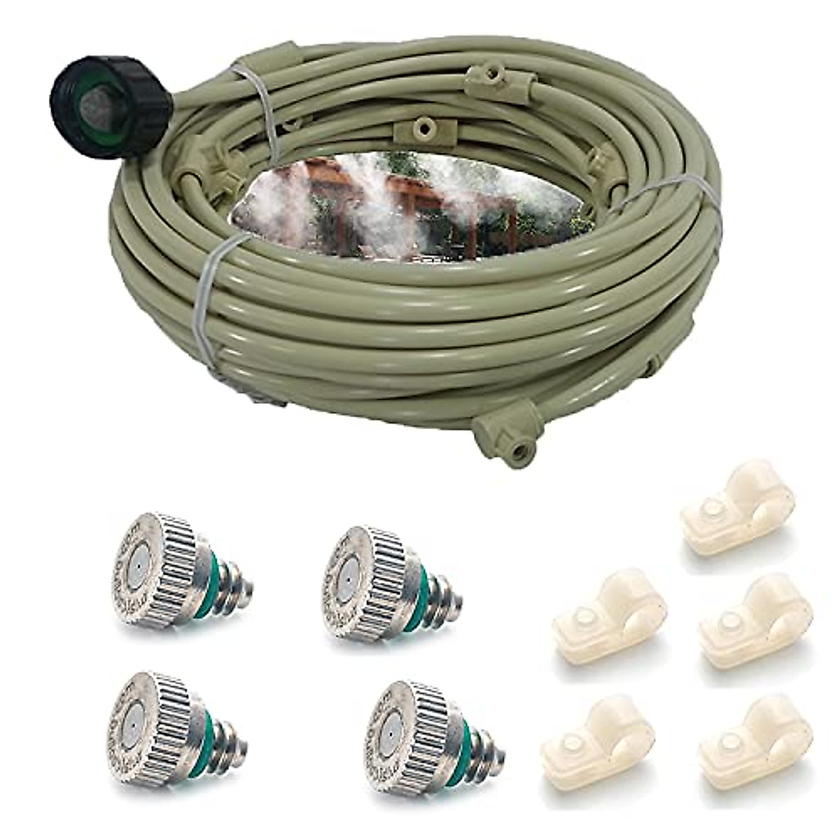 Patio Misting Kit - Made in USA -Pre- Assembled Misting System - Cools temperatures by up to 30 Degrees - Brass/Stainless Steel Misting Nozzles - for Patio, Pool and Play Areas (24 ft - 4 Nozzles)