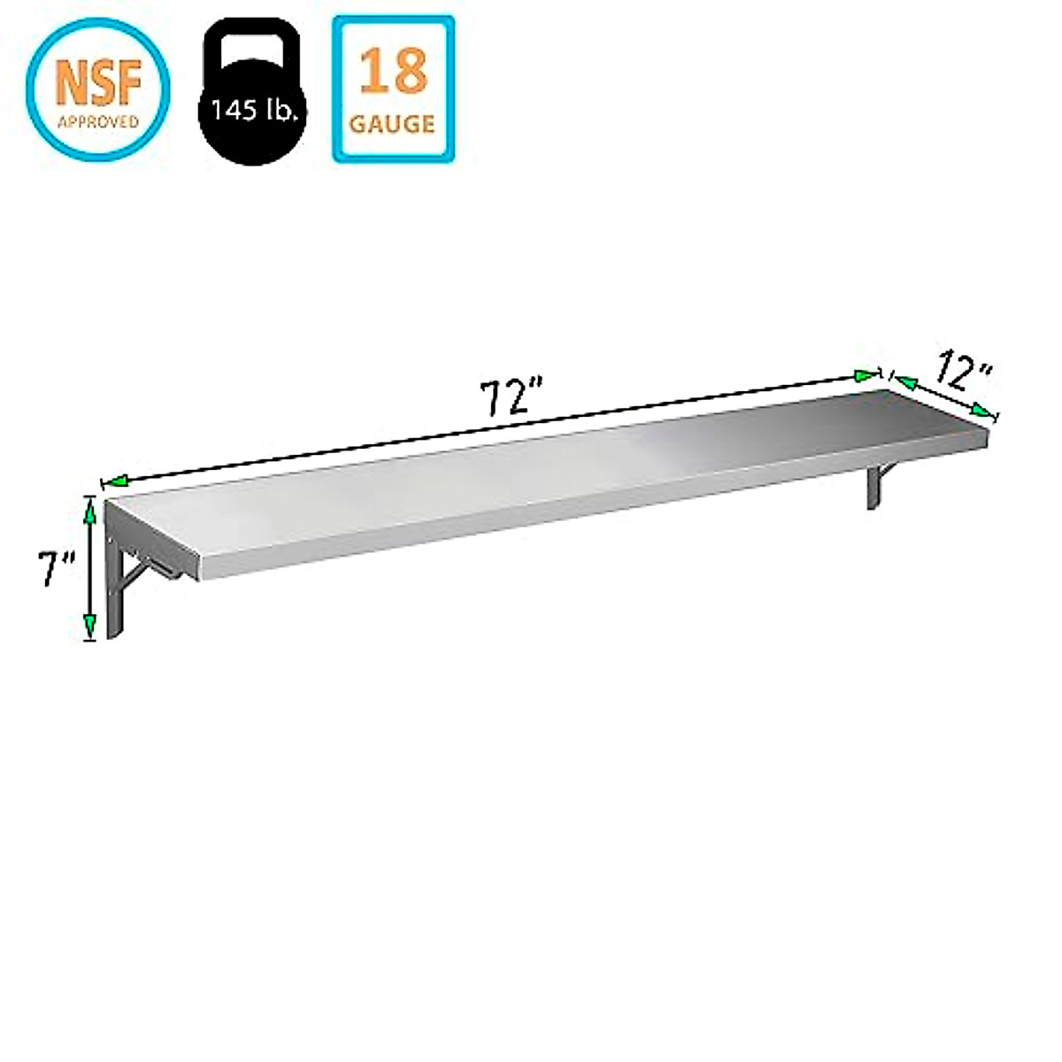 Express KitchQuip 12" x 72" Stainless Steel Folding Wall Shelf - Food Truck, Kitchen, Restaurant, Laundy, Garage and Utility Room