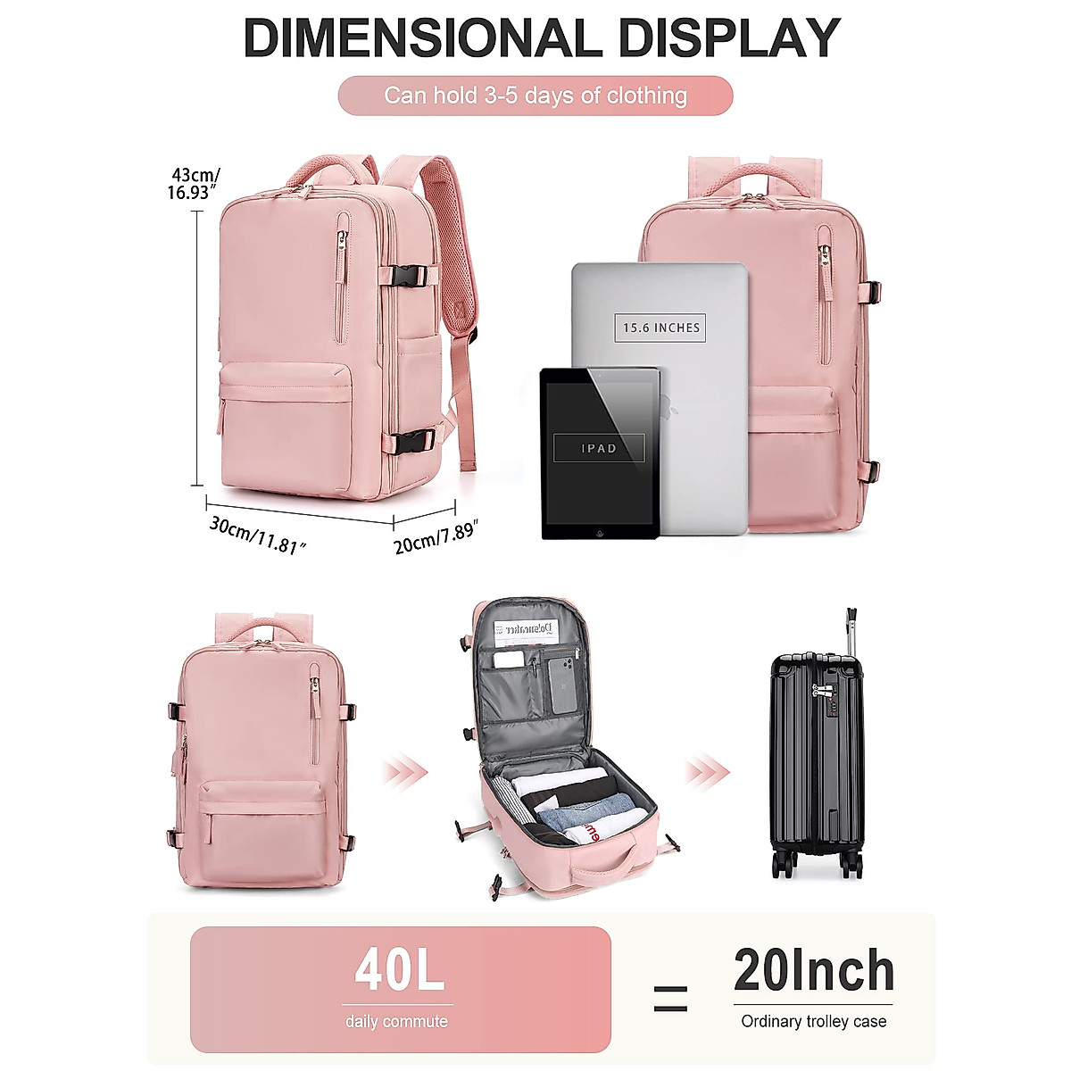 winspansy Large Travel Backpack for Women Men Carry on Backpacks Waterproof Flight Approved Personal Item Bags Luggage Backpacks Fit for 17 Inch Laptop Business Work,Mochila de Viaje