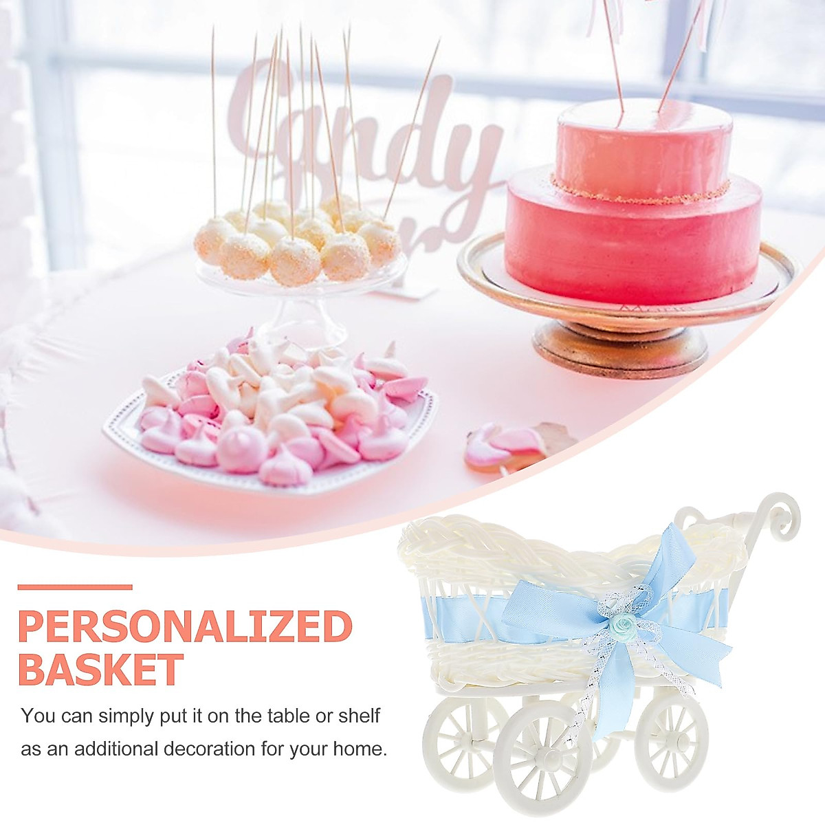 STOBOK Wicker Stroller Decoration Rattan Baby Shower Bassinet Baby Doll Stroller Woven Flower Basket Baby Shower Centerpiece Stroller for Baby Shower - blue