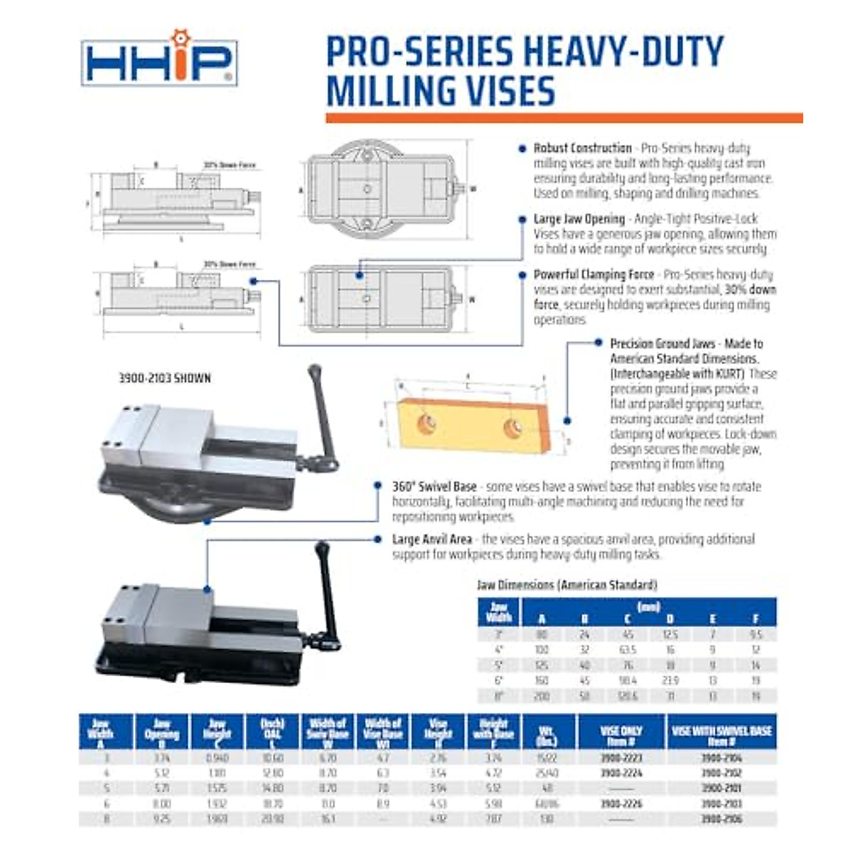 HHIP 3900-2102 Pro-Series Heavy Duty Milling Vise with Swivel Base, 4" Jaw Width, 4" Jaw Opening (Pack of 1)