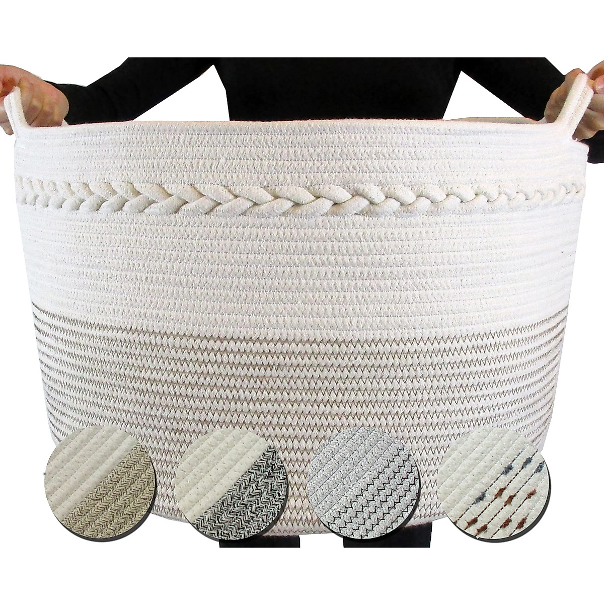 Cotton Rope Storage Basket - XXL Basket 20"X14", Large Decorative Baskets for Blankets in Living Room,Throw Blanket Basket, Large Blanket Basket for Living Room, Off White-Brown Stitches