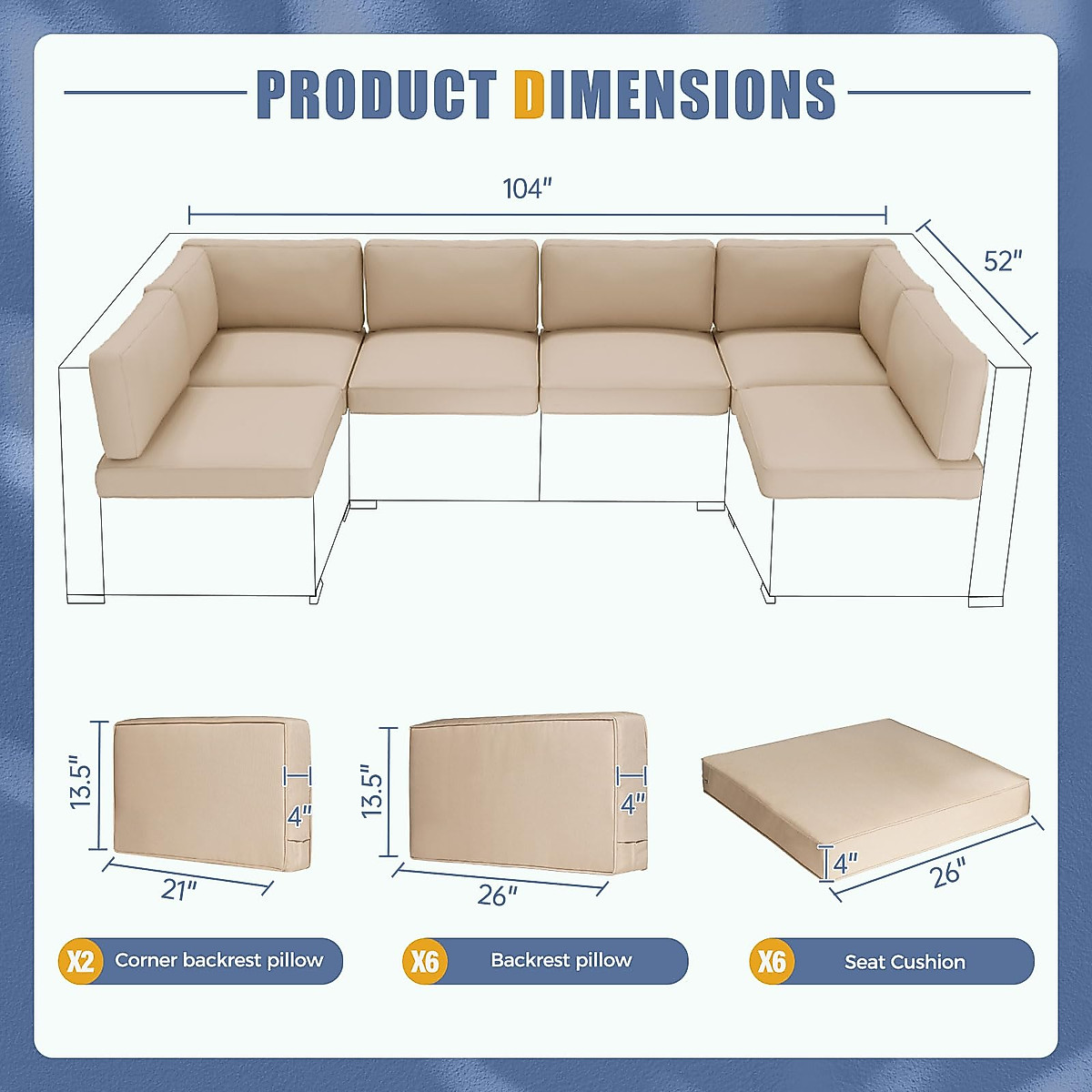 Incbruce 14 Piece Outdoor Patio Cushion Replacement, Patio Couch Cushions (6 Seat Cushion, 6 Back Cushion and 2 Corner Cushion) with Zipper for Outdoor Furniture (Brown)