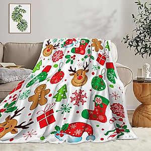 NYMB White Cute Kids Christmas Throw Blanket, Funny Reindeer Snowflake Gingerbread Candy Snowflake Holiday Blanket for Couch Bed, Warm and Cozy Travel Camping Throw Blanke, 50X60in