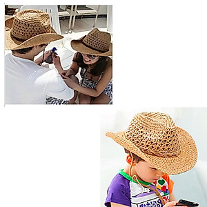 Straw Cowboy Hat Wide Brim Sun Cowgirl Summer Panama with Chin Strap Men Women Sombrero Travel Outdoor Family Khaki, One Size