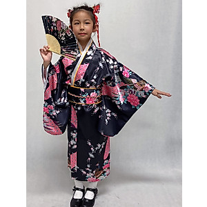 Japanese Traditional Dress Kimono Robe for Kids Girls Costume Silk Folding Fans hairstick Set(Black150cm)