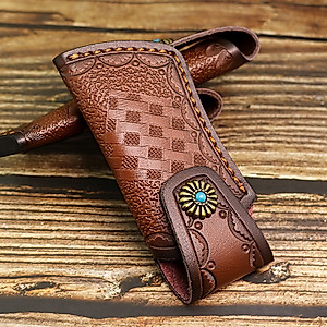 Xeerrfan 3.93" Genuine Leather Sheath for Belt, Portable Folding Pocket Knife Case, Knife Holder Pouch Holster for Men with Buckle (Red-Brown, Small)