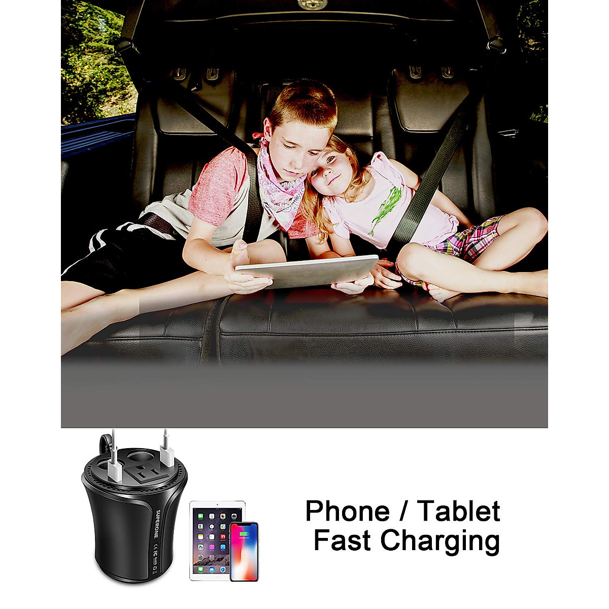 SUPERONE 150W Car Power Inverter DC 12V to 110V 120V Car AC Adapter Inverter 5-in-1 Cup Holder Design Dual USB Car Charger and 2 Car Power Adapter