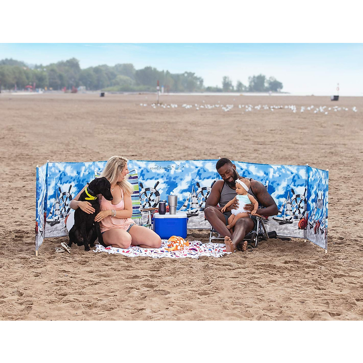 Beach Windscreen, Privacy Screen, Wind Blocker - Ships and Shells, with Mallet and Bag