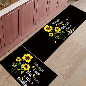 IDOWMAT Kitchen Rug Sets of 2 - Absorbent Non-Slip Kitchen Mats Farmhouse Yellow Sunflower Black Background Floor Comfort Mats Doormat for Kitchen Office Laundry 15.7x23.6in + 15.7x47.2in