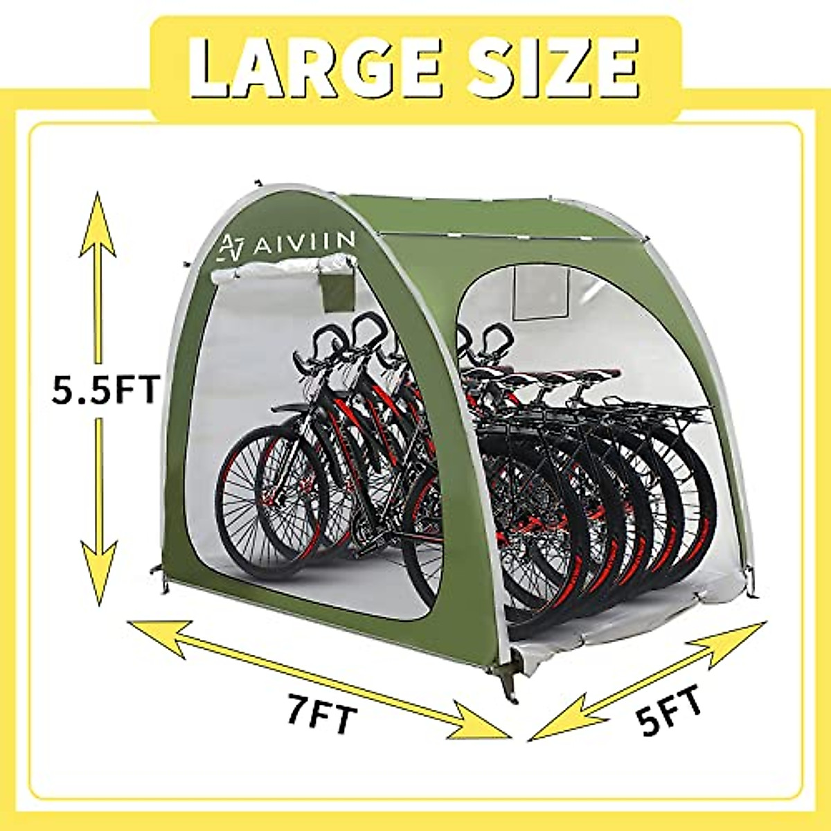 AVIIN 4 or 5 Bike Tent Heavy Duty, 210D Silver-Plated Oxford Extra Thick Waterproof & Sunproof Large Outdoor Bikes Storage Shed for Mountain Bicycle, Motorcycle, Garden Repair Tool, Lawn Mower, Green
