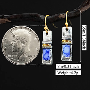 Unique Handmade Bohemian Enamel Vintage Matt Silver Bar Dangle Earrings Chic Round Blue Gemstone Geometric Square Drop Earrings for Women Statement Jewelry (Silver)