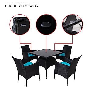 Y Enjoy Patio Dining Set,5 Piece Outdoor Wicker Bistro Set PE Rattan Dining Table and Chairs,Furniture Set with Umbrella Cutout for Backyard Outdoor Kitchen Lawn & Garden (Black-lakeblue1)