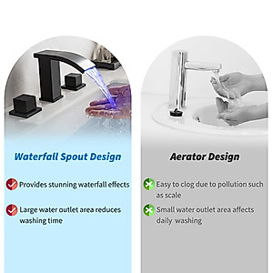 SKOWLL LED Faucet Bathroom Sink 3 Hole Waterfall Lavatory Vanity Faucet 8 Inch Spread Bath Faucet 2 Handle with Light, Matte Black