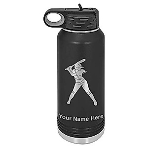 LaserGram 40oz Double Wall Flip Top Water Bottle With Straw, Softball Player Woman, Personalized Engraving Included (Black)