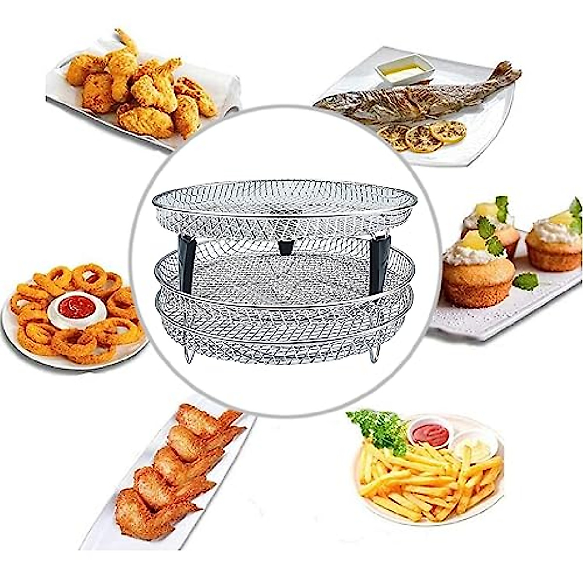 Upgrade Air Fryer Rack, Three Stackable Dehydrator Racks for Gowise Phillips USA Cozyna Ninja Airfryer,Stainless Steel Round Air Fryer Rack Fit all 4.2QT - 5.8QT Air fryer,Oven,Press Cooker (Round)