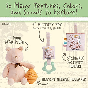 KIDS PREFERRED Classic Pooh 4 Piece Set with Pooh Stuffed Animal, Squeaker Toy, Crinkle Square, and Teether