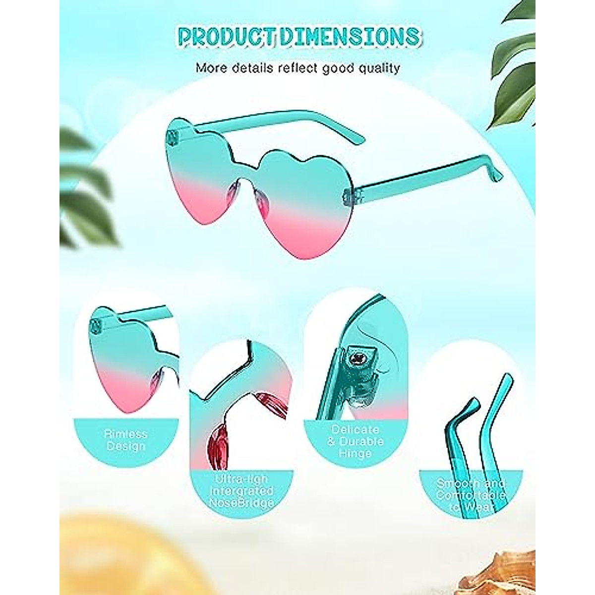 JDHXBMW Heart Sunglasses for Women 4Pairs Heart Shaped Sunglasses Rimless Fun Heart Glasses for Adult Party Favors
