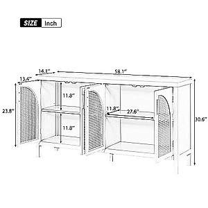 Large Storage Space Sideboard with 4 Artificial Rattan Door, Wooden Storage Cabinet with Metal Handles and Adjustable Shelves, Retro Console Table for Dining Room Living Room Entryway (Black)