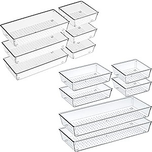 12 Pack Clear Plastic Drawer Organizer Set, Acrylic Non Slip Non Cracking Kitchen Drawer Storage Tray Large Size Divider, Multifunctional Storage for Cosmetics, Bathroom, Tools, Kitchen and Office