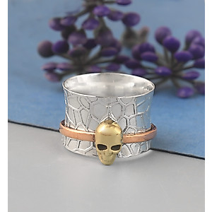 Skull design Sterling silver Spinner ring Meditat spinner band fine Spinning Anti-stress Halloween ring (5)