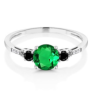 Gem Stone King 10K White Gold Green Nano Emerald Black Diamond and White Diamond Accent 3-Stone Engagement Ring For Women (0.95 Cttw, Round 6MM, Gemstone May Birthstone, Size 6)