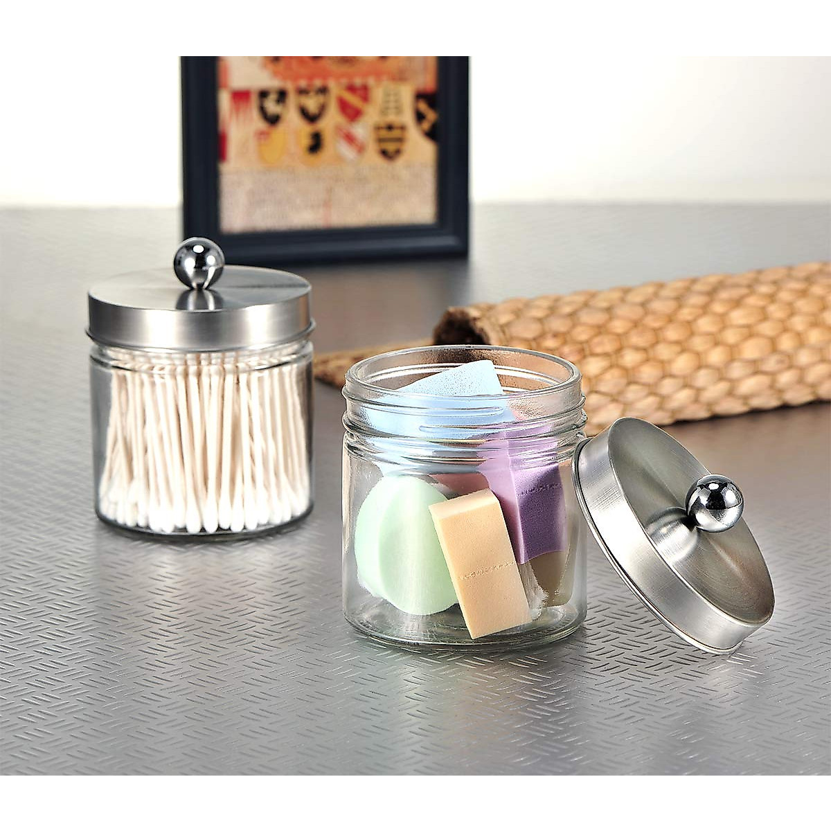 Bathroom Vanity Glass Storage Organizer Holder Canister Apothecary Jars for Cotton Swabs, Rounds, Balls, Qtips,Makeup Sponges, Flossers,Bath Salts - 2 Pack, Clear (Brushed Nickel)