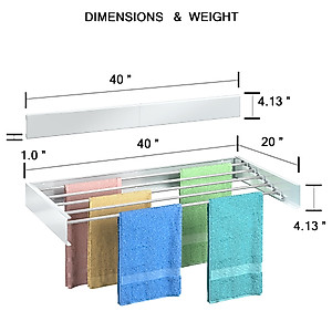 kenvc Laundry Drying Rack Collapsible, Wall Mounted, Clothes Drying Rack, 40" Wide, 16.4 Linear Ft, 5 Aluminum Rods, 60 lb Capacity, with Wall Template, Screwdriver Bit, Drill Bit (White 40" Large)