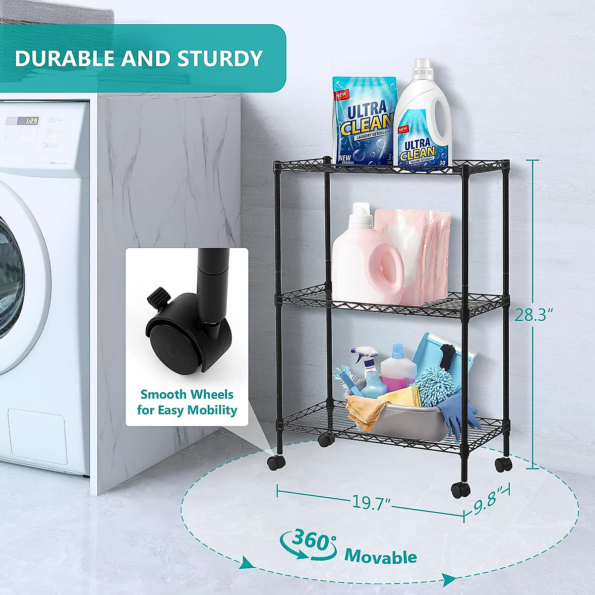 Doredo 3 Tier Adjustable Wire Shelf with Wheels, 3 Tier Mobile Metal Storage Shelves, Black Wire Rack Shelving Unit, 200Lbs Capacity, 10" D X 20" W X 28" H, for Kitchen, Pantry, Laundry