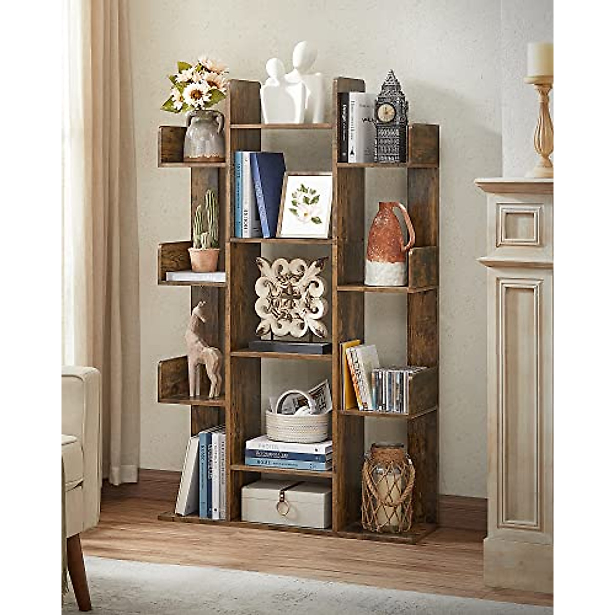 VASAGLE Bookshelf, Tree-Shaped Bookcase with 13 Storage Shelves, Rounded Corners, 9.8”D x 33.9”W x 55.1”H, Rustic Brown ULBC67BXV1