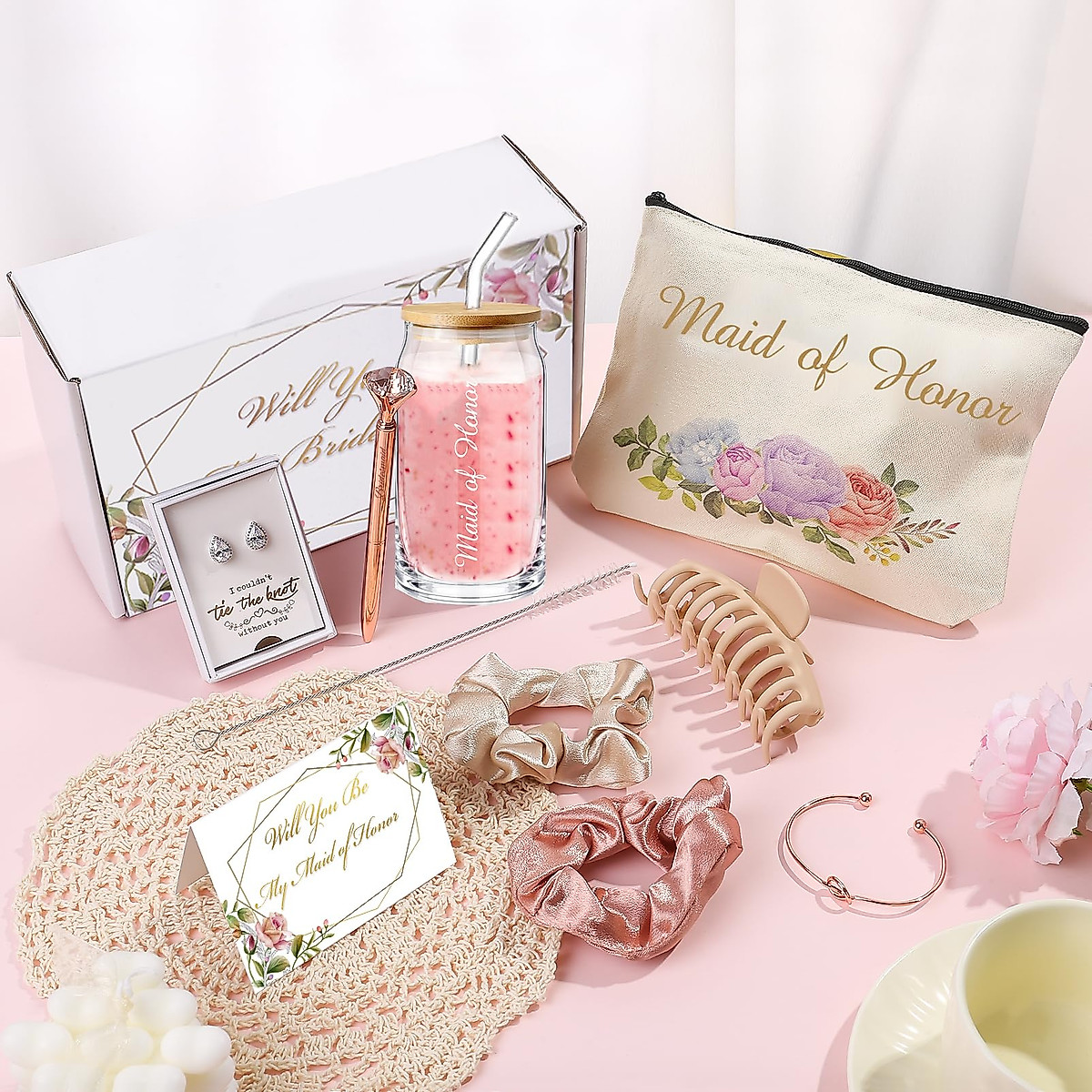 4MELLY 11 Pcs Maid Of Honor Gifts Box Maid Of Honor Proposal Gifts Set Will You Be My Maid Of Honor Box 16 oz Maid Of Honor Cup Maid Of Honor Proposal Box
