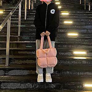 Eillys Women Padded Shoulder Bag Luxury Check Puffer Tote Bag Soft Pillow Handbag Quilted Puffy High Capacity Underarm (Za-Pink (Basic Edition))