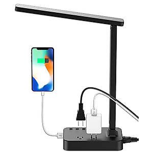 Drevet LED Desk Lamp, Desk Light with 1 USB Charging Port and 2 AC Power Outlet, 3 Lighting Modes, 3 Level Brightness,1H Timer, Touch Control, Eye-Caring Home Office Foldable Table Lamp (Black)