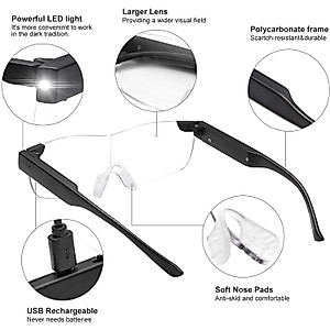 SKYWAY 160% Magnifying Glasses with LED Light, Rechargeable Lighted Magnifier Eyeglasses for Reading Small Prints Labels, Close Work, Needlepoint Sewing Crafts Hobbies Hands Free 2-Pack 1.6X