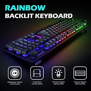 TNBIU Gaming Keyboard, 105-Key Wired Membrane Keyboard, Rainbow LED Backlit Keyboard, Floating Keycap Design, Aluminum Alloy Panel, Stylish Appearance Design, Suitable for Desktop, Computer, PC