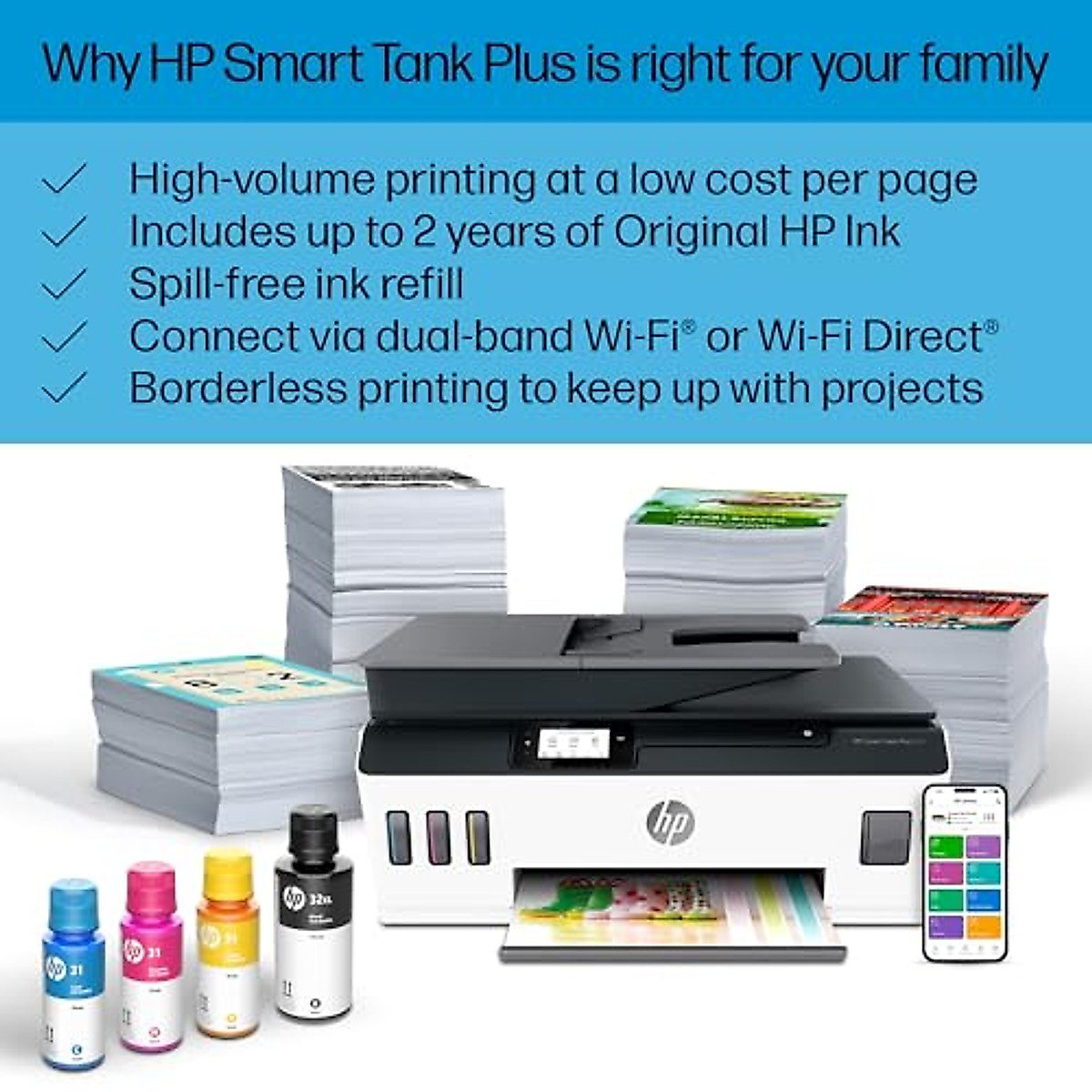 HP Smart -Tank Plus 651 Wireless All-in-One Ink -Tank Printer, up to 2 Years of Ink in Bottles, Auto Document Feeder, Mobile Print, Scan, Copy, Works with Alexa (7XV38A)