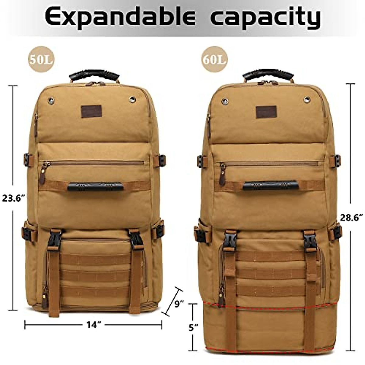 TUGUAN 50/60L Travel Backpack, Laptop Backpack for Men Large Capacity Outdoor Tactical Hiking Backpack with Shoe Compartment Expandable Canvas Rucksack for Travel Camping Climbing, Brown