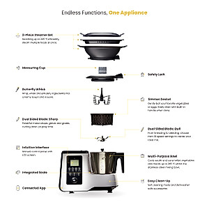 Gourmate Smart All-in-1 Multi-Cooker, 10+ Cooking Functions, Built-in Scale, Guided Recipes, Steam, Cook, Knead, Bluetooth App Connectivity, 2.3 QT, White