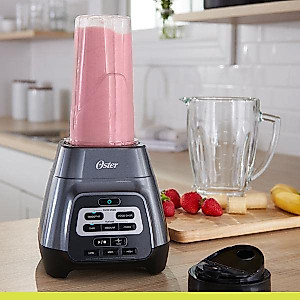 Oster Blender for Shakes, Smoothies and Salsas, 48 oz. Dishwasher-safe Glass Jar, 24-oz. Sports Bottle, 3 manual speeds and Pulse, Grey