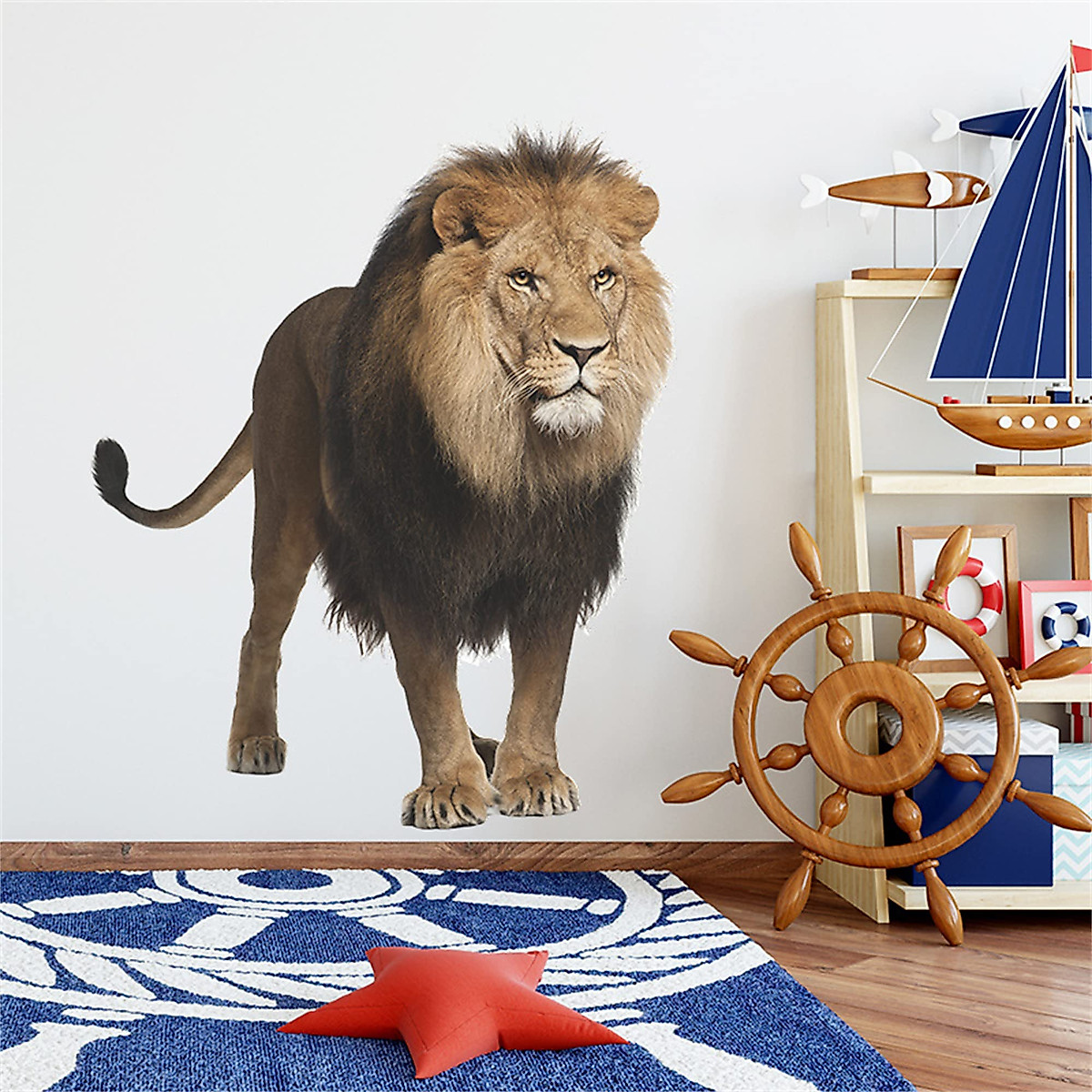 ROFARSO Lifelike Cool Standing Lion Animal Wall Sticker Removable Wall Decal Peel and Stick Wall Art Decoration Home Decor for Nursery Kid Baby Bedroom Living Room Playing Room Mural